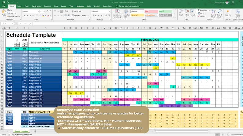 Monthly Employee Schedule Template | Excel Staff Roster, Shift Planner ...