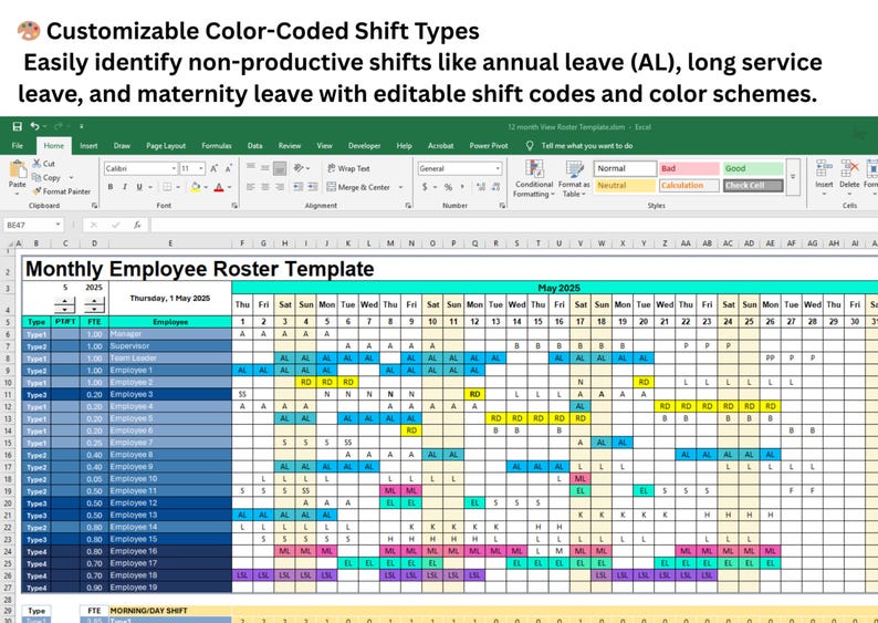 Monthly Employee Schedule Template | Excel Staff Roster & Rota Planner | Dynamic Calendar, Auto ...