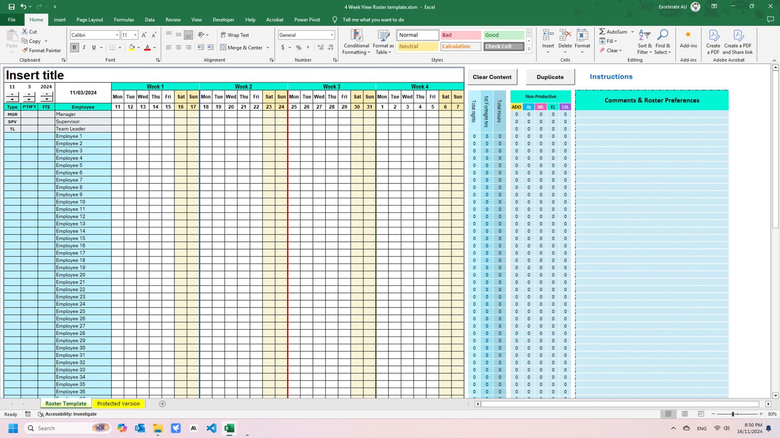 Professional Excel Roster Template: Rotating Shift Planner for Staff ...