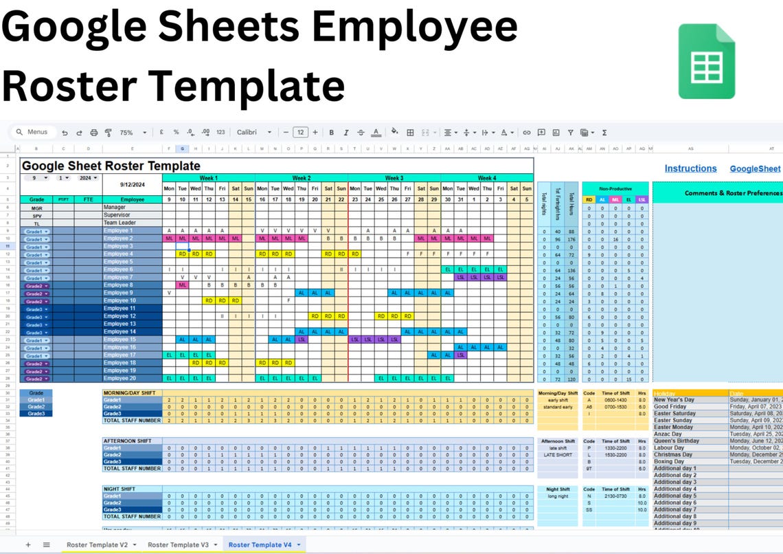 Google Sheets Employee Roster Template 4 Week Shift Planner Staff