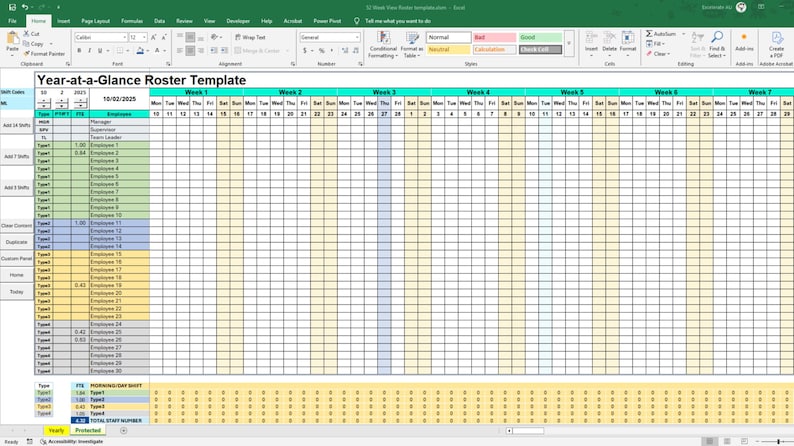 Customizable 52-week Excel Roster Template: Year-at-a-glance Shift ...