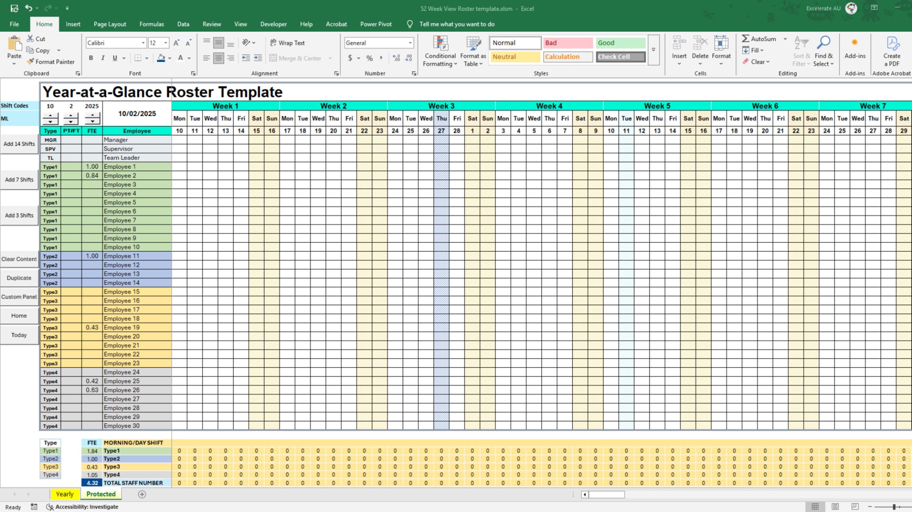 Customizable 52-week Excel Roster Template: Year-at-a-glance Shift ...