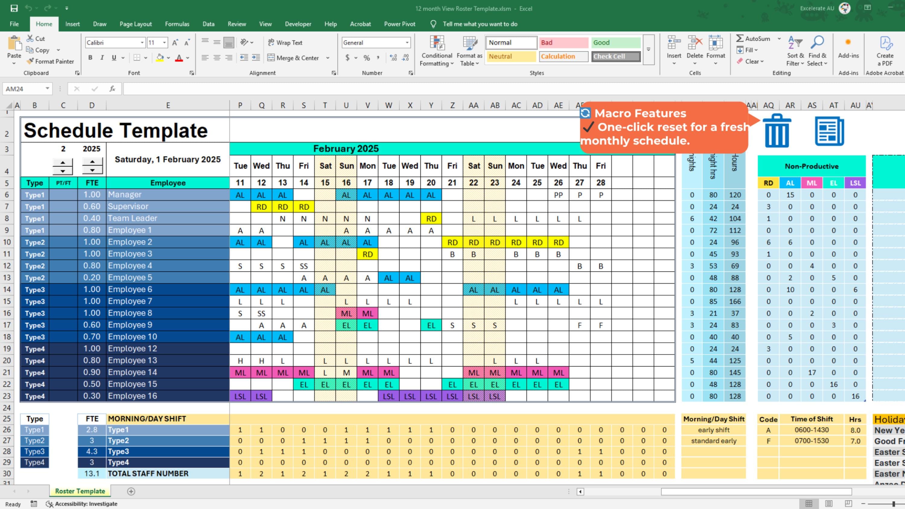Monthly Employee Schedule Template | Excel Staff Roster, Shift Planner ...