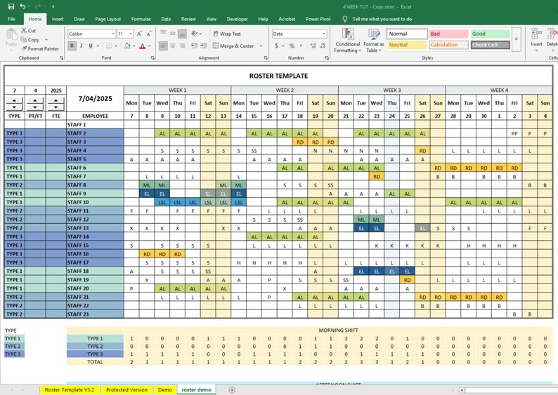 Excel Roster Template Video Tutorial + Practice File | 4‑week Employee ...