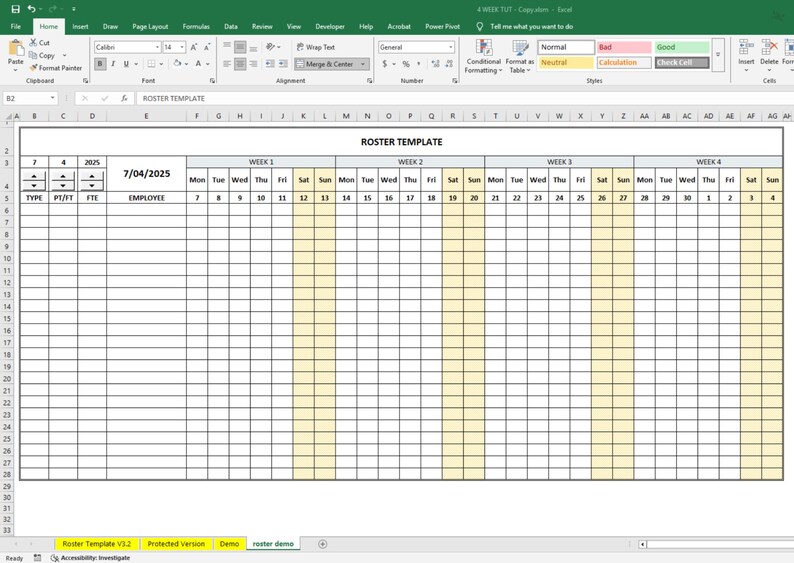 Excel Roster Template Video Tutorial + Practice File | 4‑week Employee ...