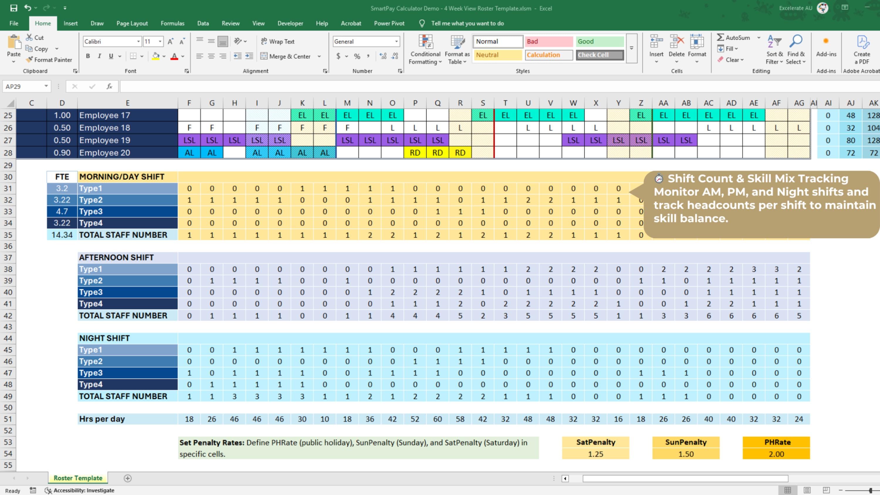 Excel Employee Roster Template: Australian Business Planner (4, 6, 8 ...