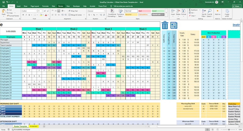 Excel Roster Template | 4-week Rotating Shift Planner | Employee ...