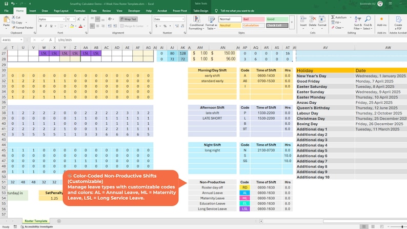 Excel Roster Template | 4‑week Rotating Shift Planner & Employee ...