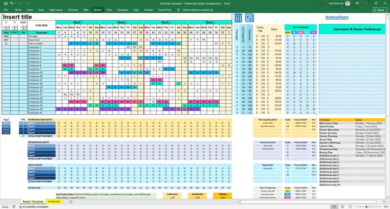 Customizable 52-week Excel Roster Template: Year-at-a-glance Shift ...