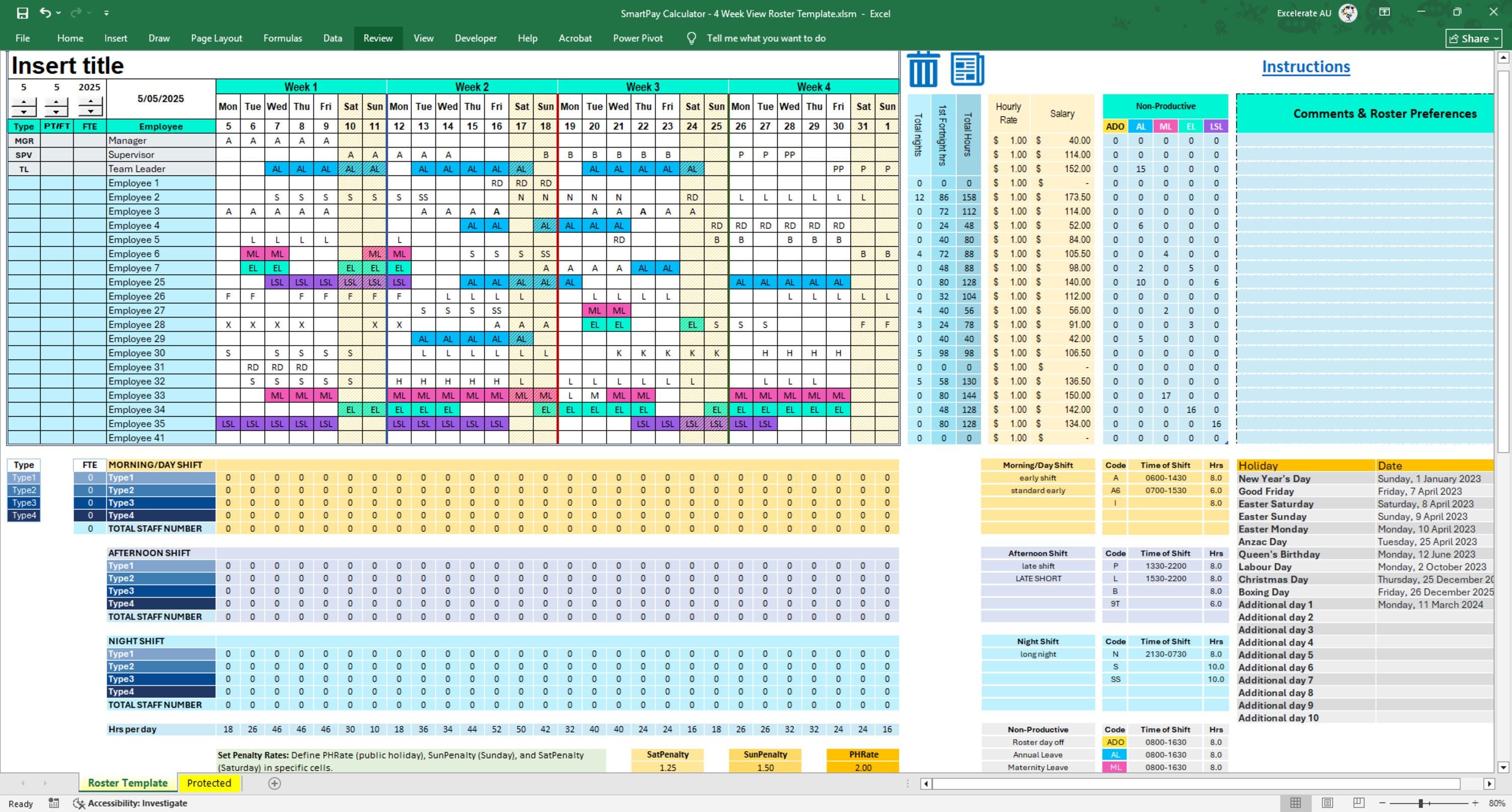 Customizable 52-week Excel Roster Template: Year-at-a-glance Shift ...