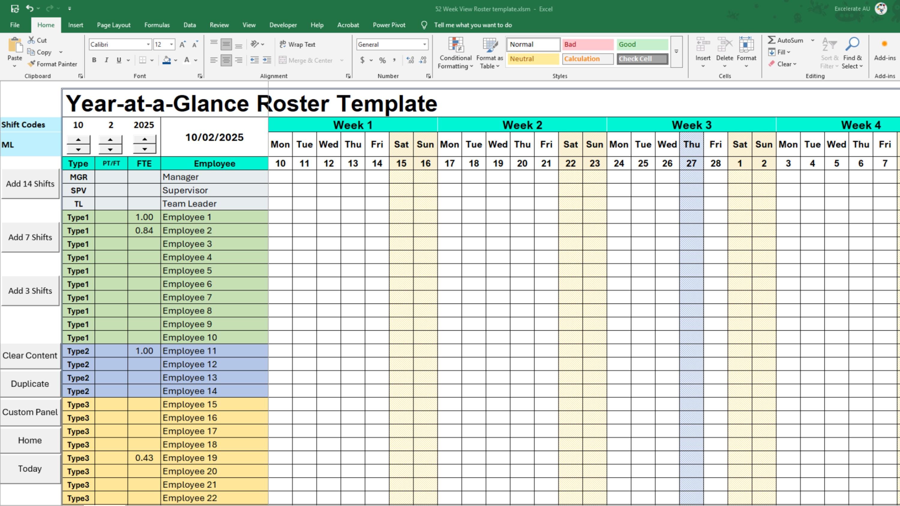 Customizable 52-week Excel Roster Template: Year-at-a-glance Shift ...