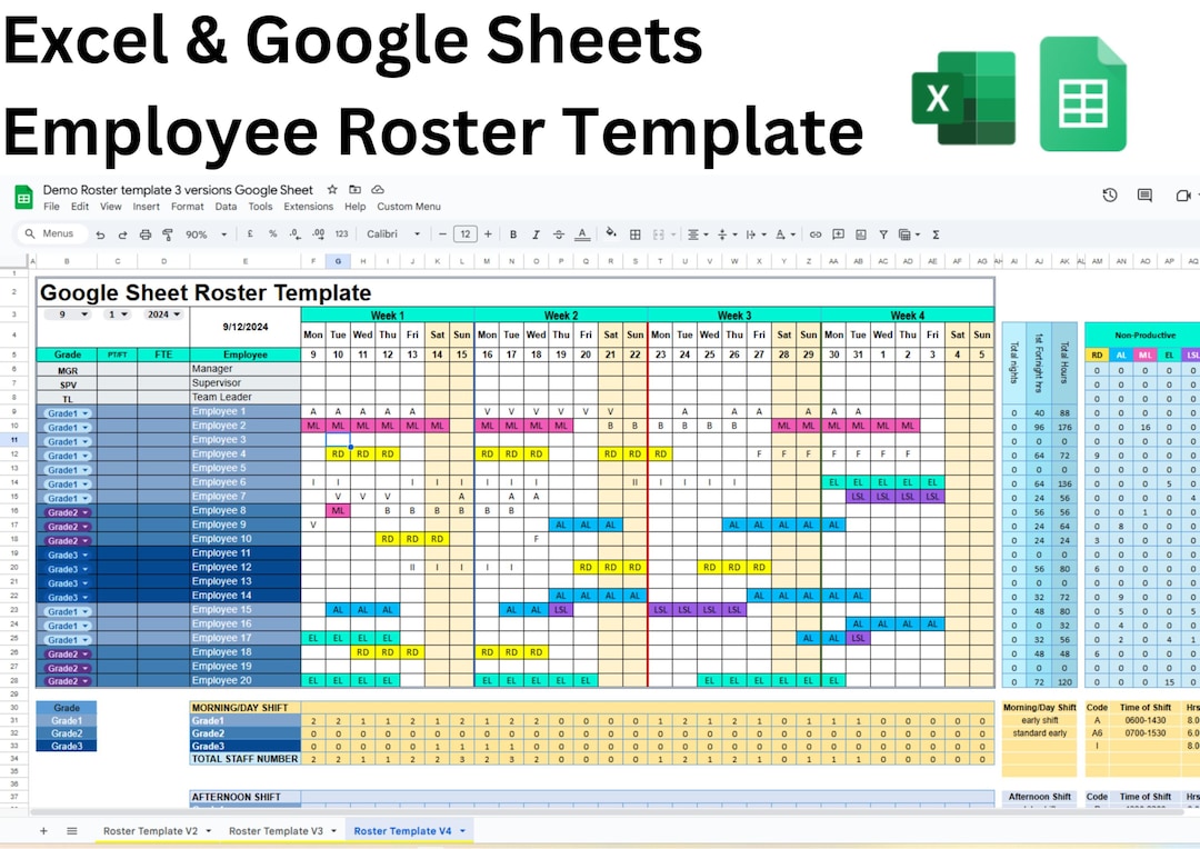 Excel and Google Sheets Employee Roster Template Bundle – 4-week Shift ...