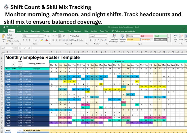Monthly Employee Schedule Template | Excel Staff Roster, Shift Planner ...