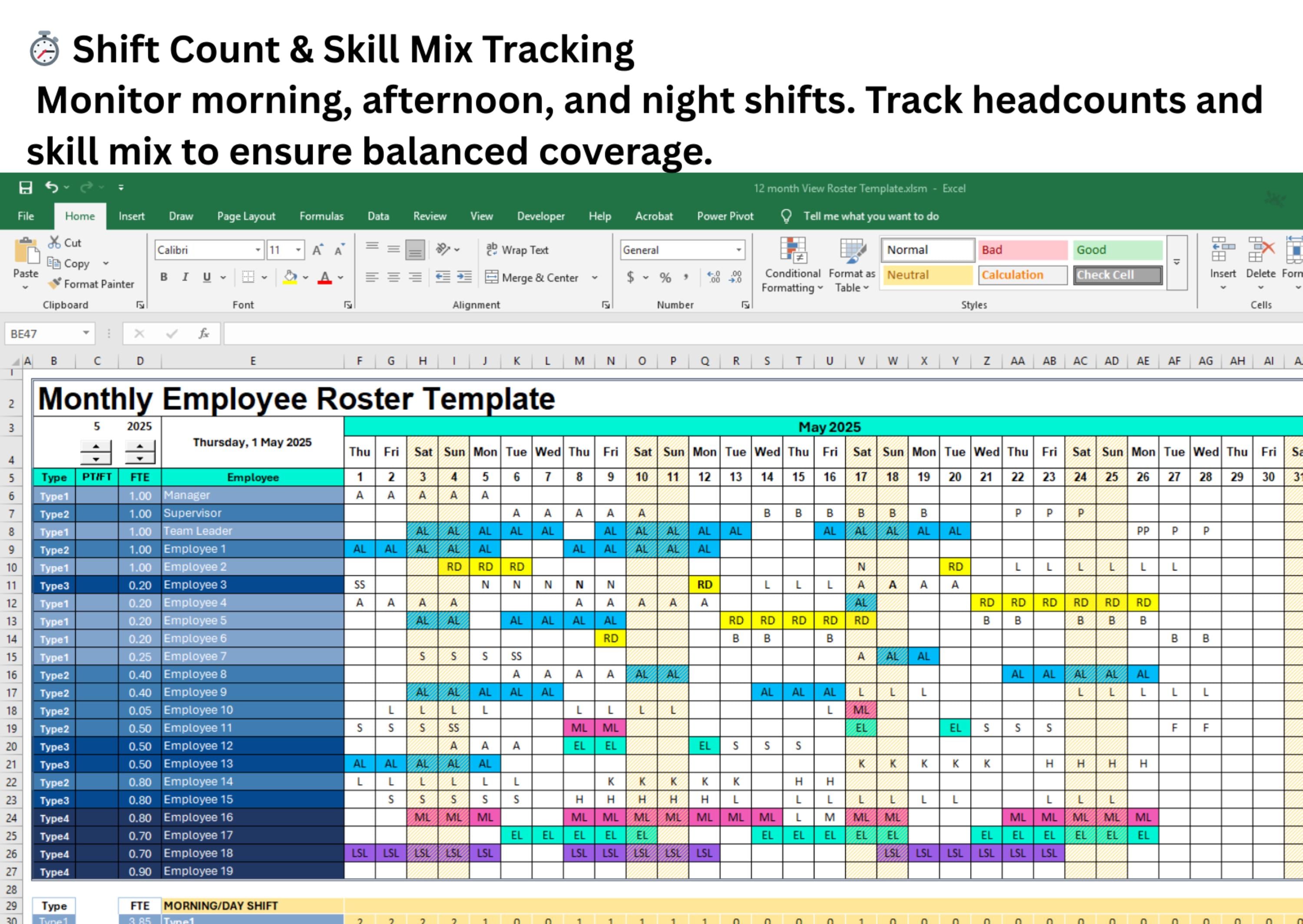 Monthly Employee Schedule Template | Excel Staff Roster & Rota Planner ...