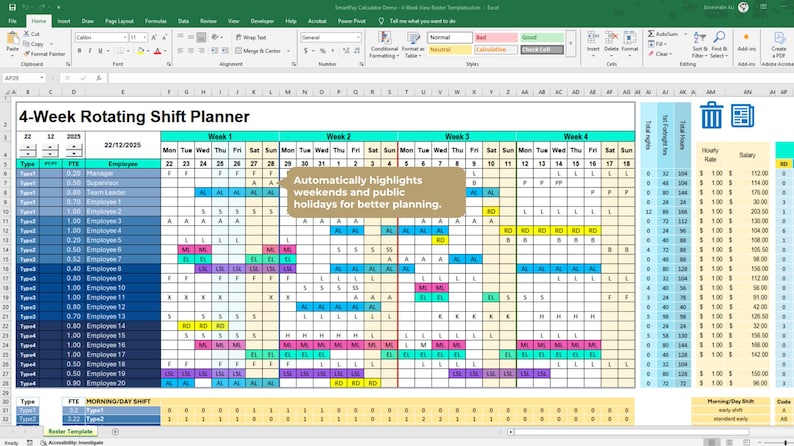 Excel Roster Template | 4‑week Rotating Shift Planner & Employee ...