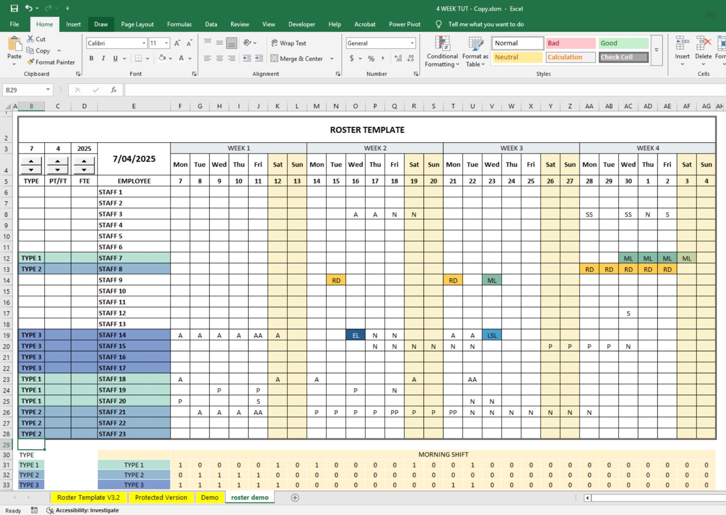 Excel Roster Template Video Tutorial + Practice File | 4-week Shift ...