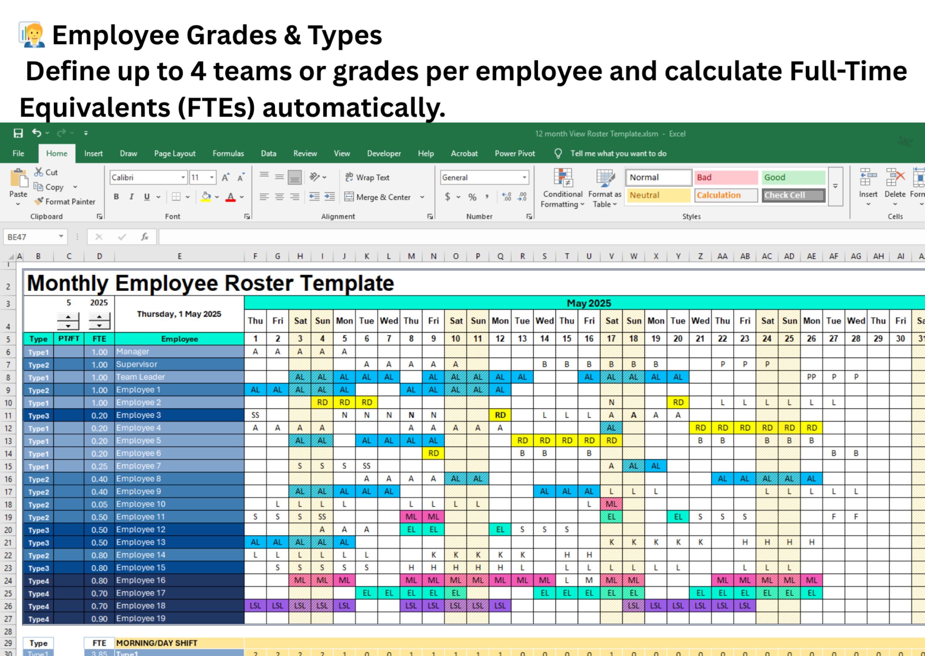 Monthly Employee Schedule Template | Excel Staff Roster, Shift Planner ...