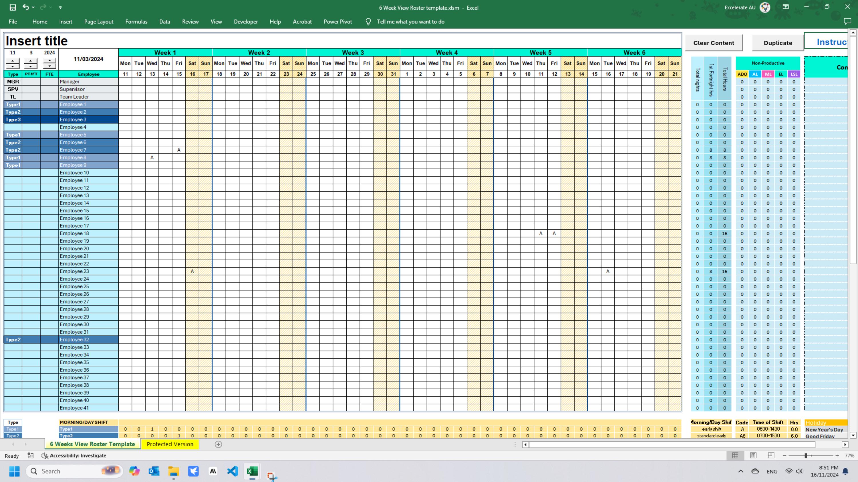 Customizable Excel Employee Roster Template: 4, 6, and 8-week Shift ...