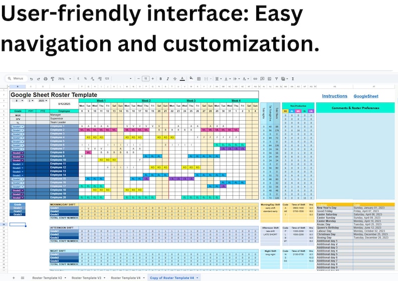 Google Sheets Employee Rostering Template for Customizable Shift Codes ...