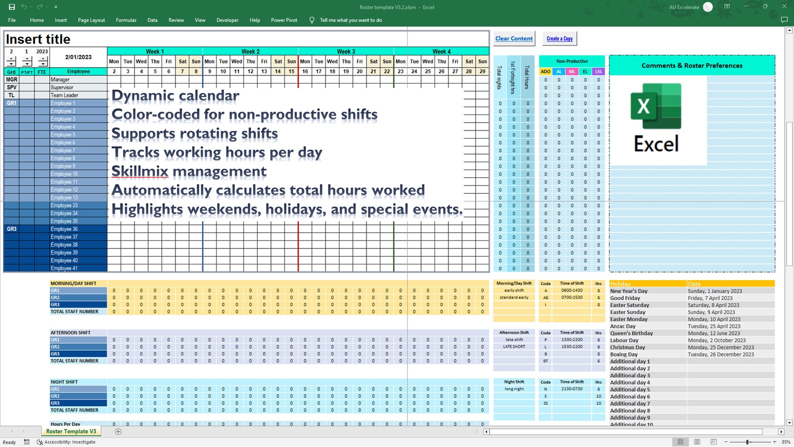 Professional Excel Roster Template: Rotating Shift Planner for Staff ...