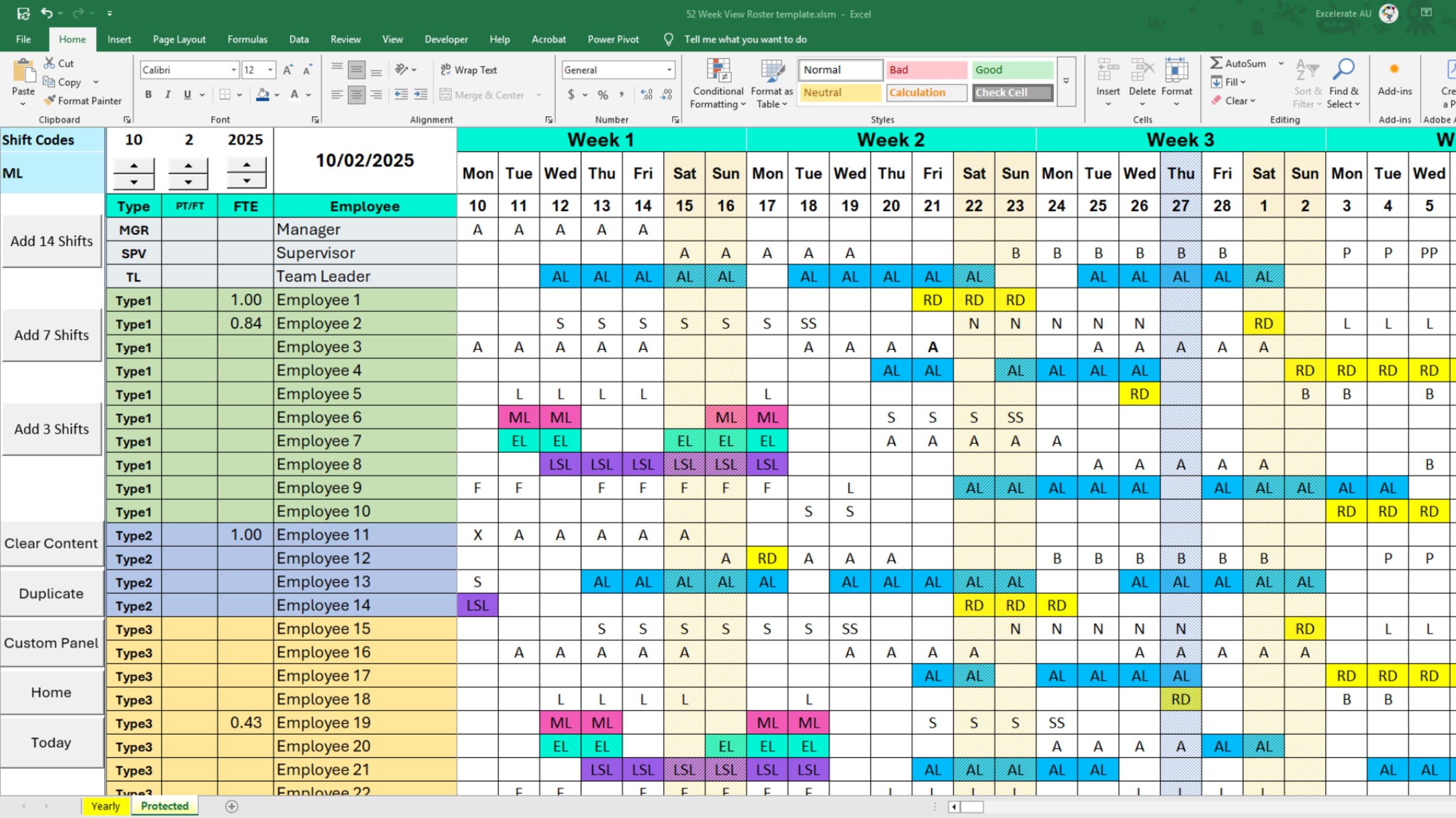 Customizable 52-week Excel Roster Template: Year-at-a-glance Shift ...