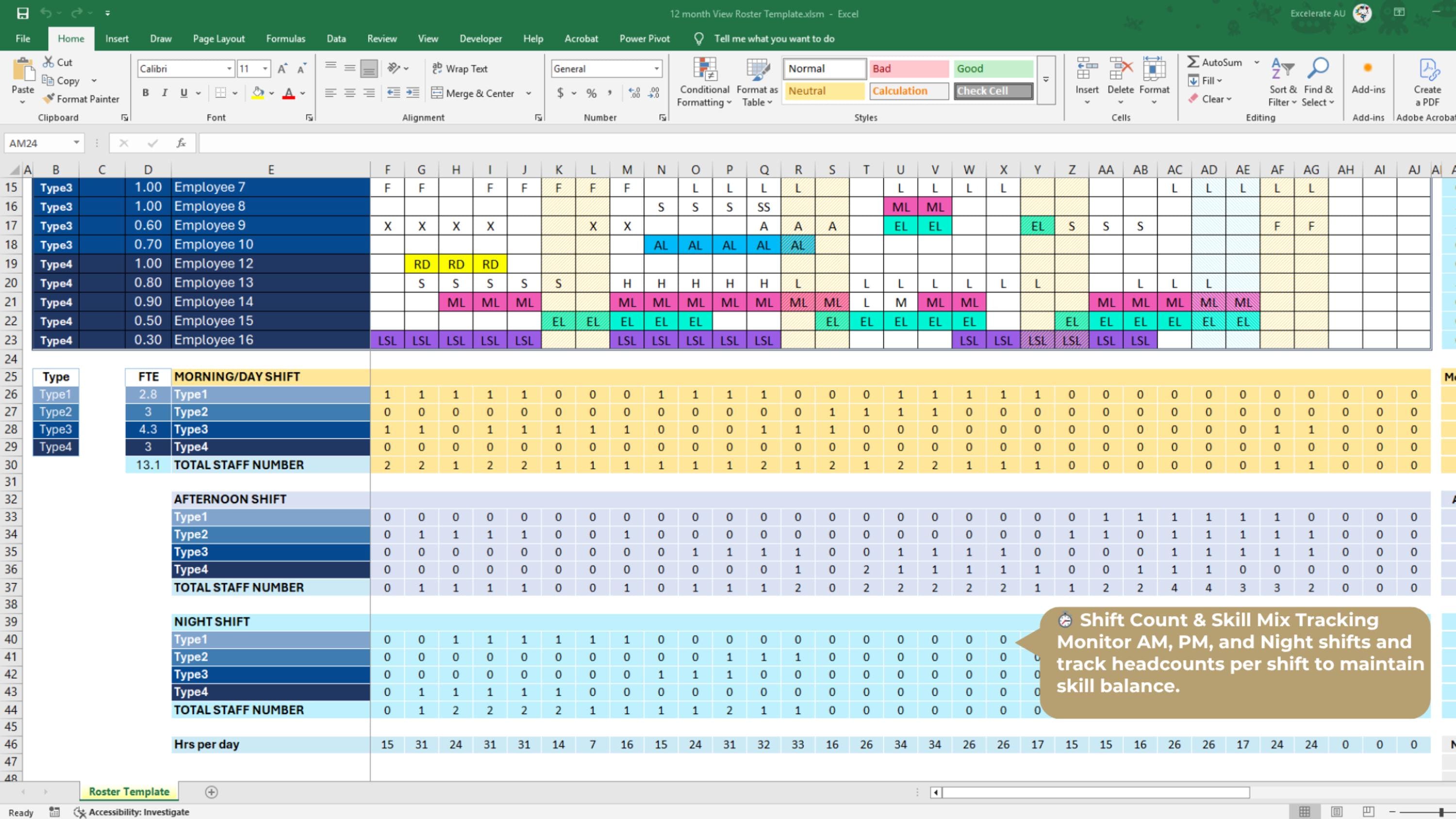 Monthly Employee Schedule Template | Excel Staff Roster & Rota Planner ...