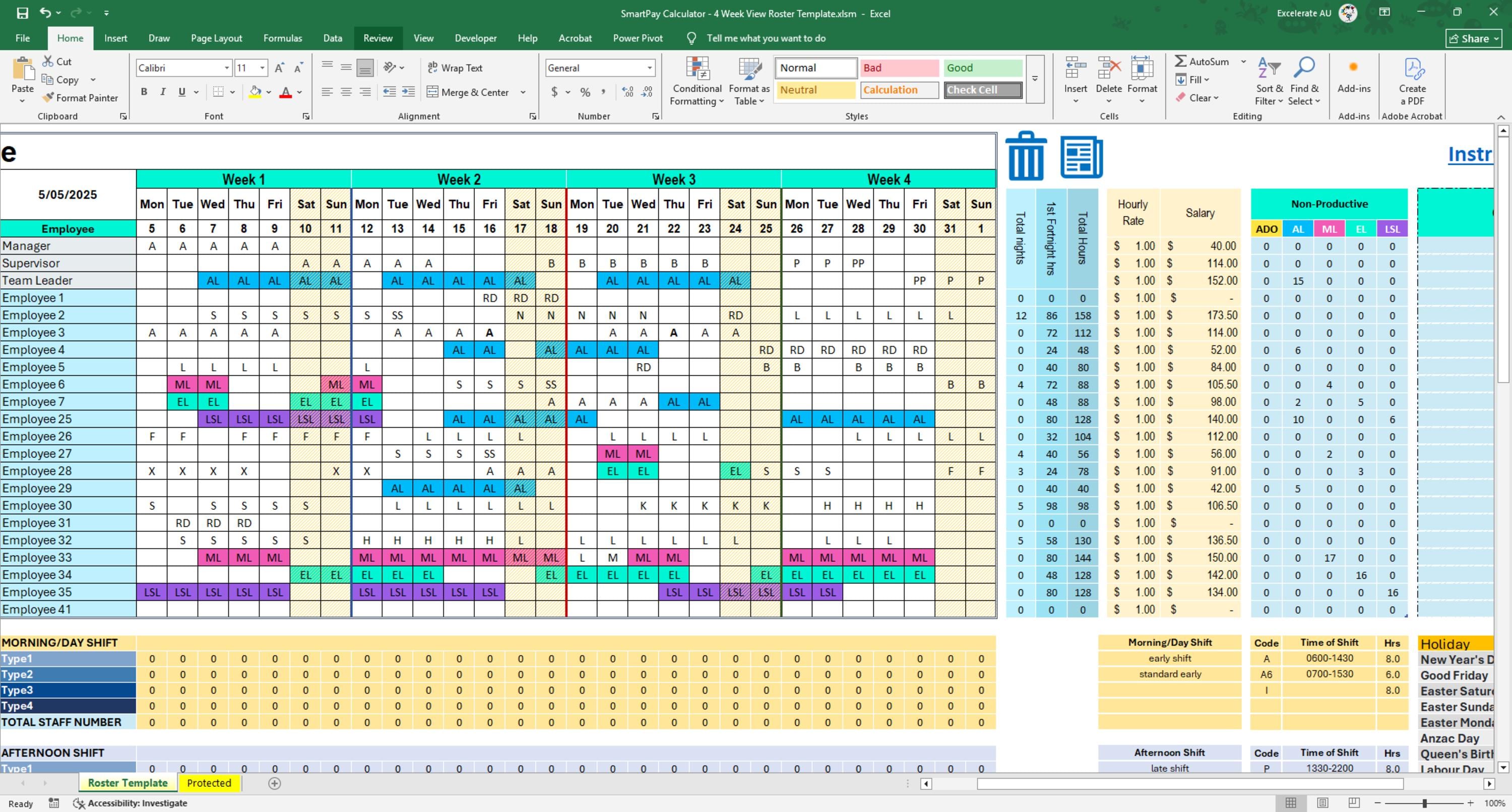 Customizable Excel Employee Roster Template: 4, 6, and 8-week Shift ...
