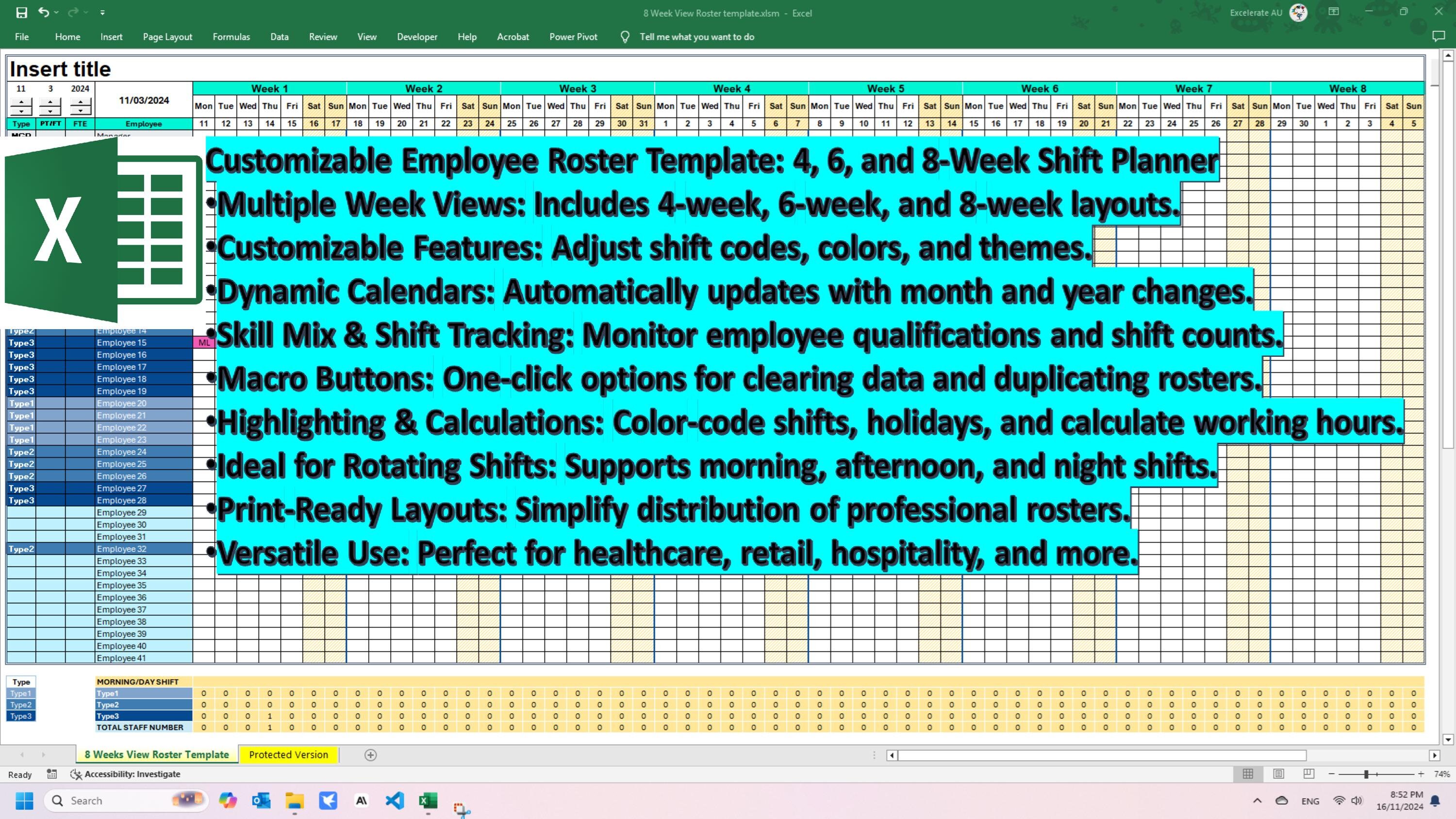 Excel Employee Roster Template: Australian Business Planner (4, 6, 8 ...