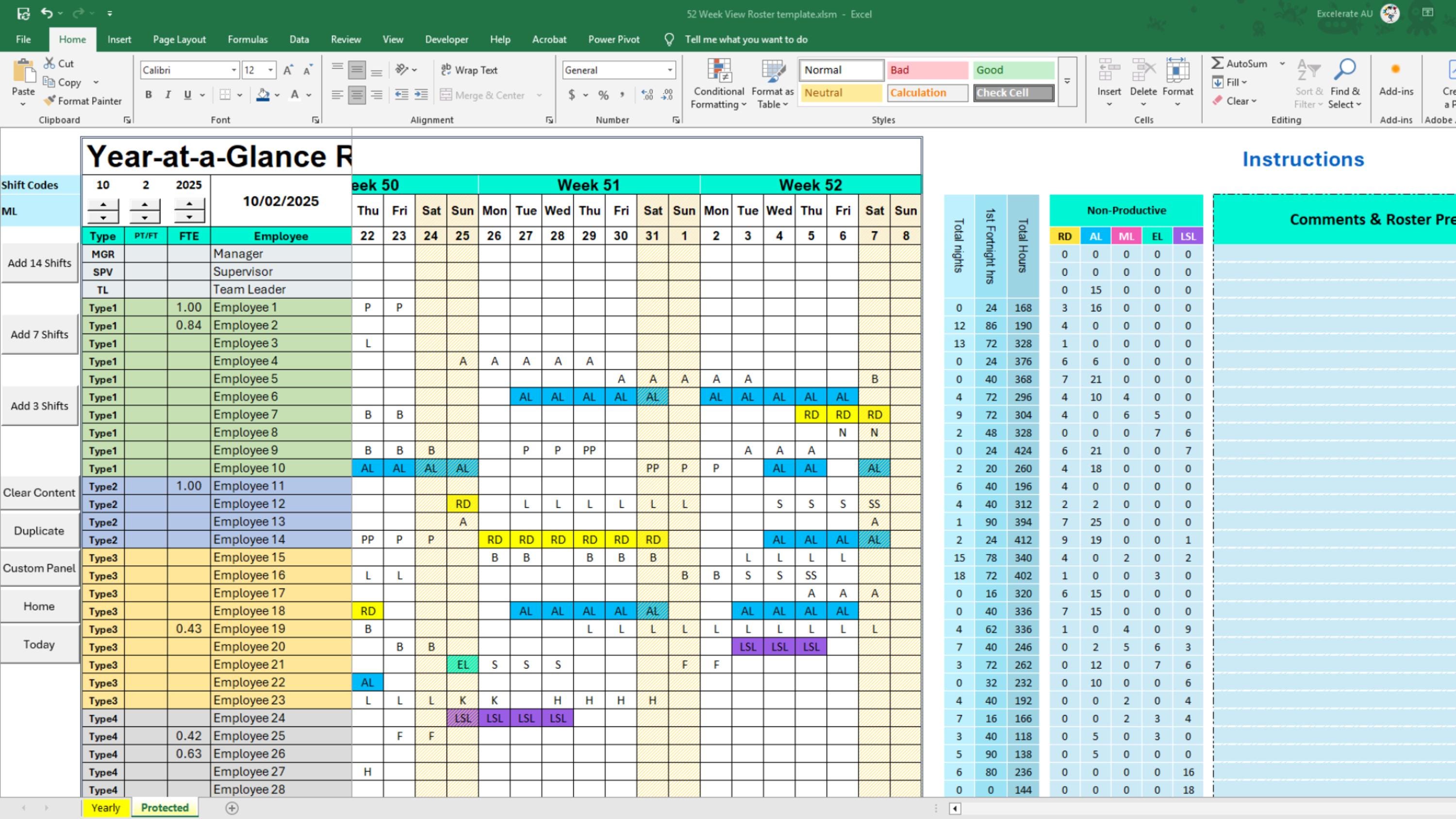Customizable 52-week Excel Roster Template: Year-at-a-glance Shift ...