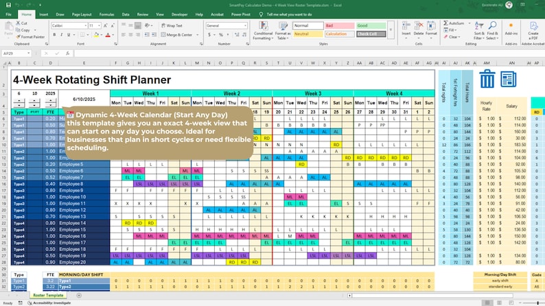 Excel Roster Template | 4‑week Rotating Shift Planner & Employee ...