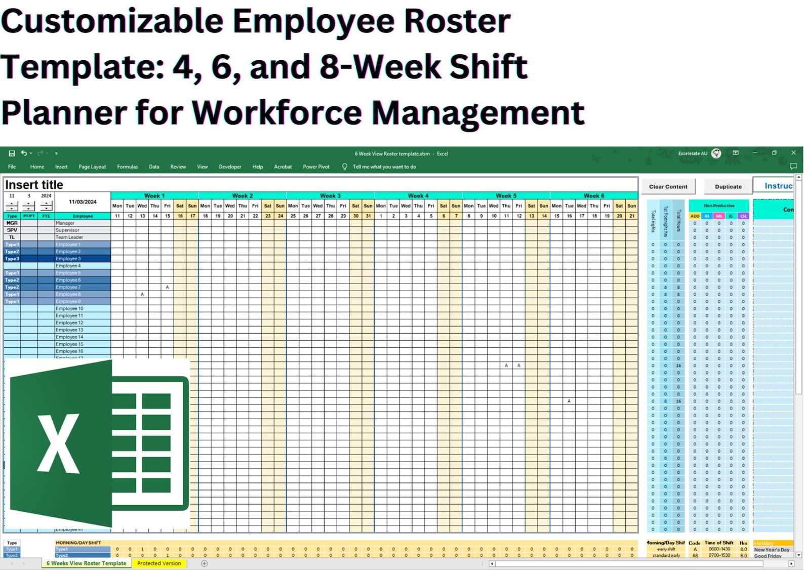 Excel Employee Shift Roster Template | 4, 6 & 8‑week Rotating Schedule ...