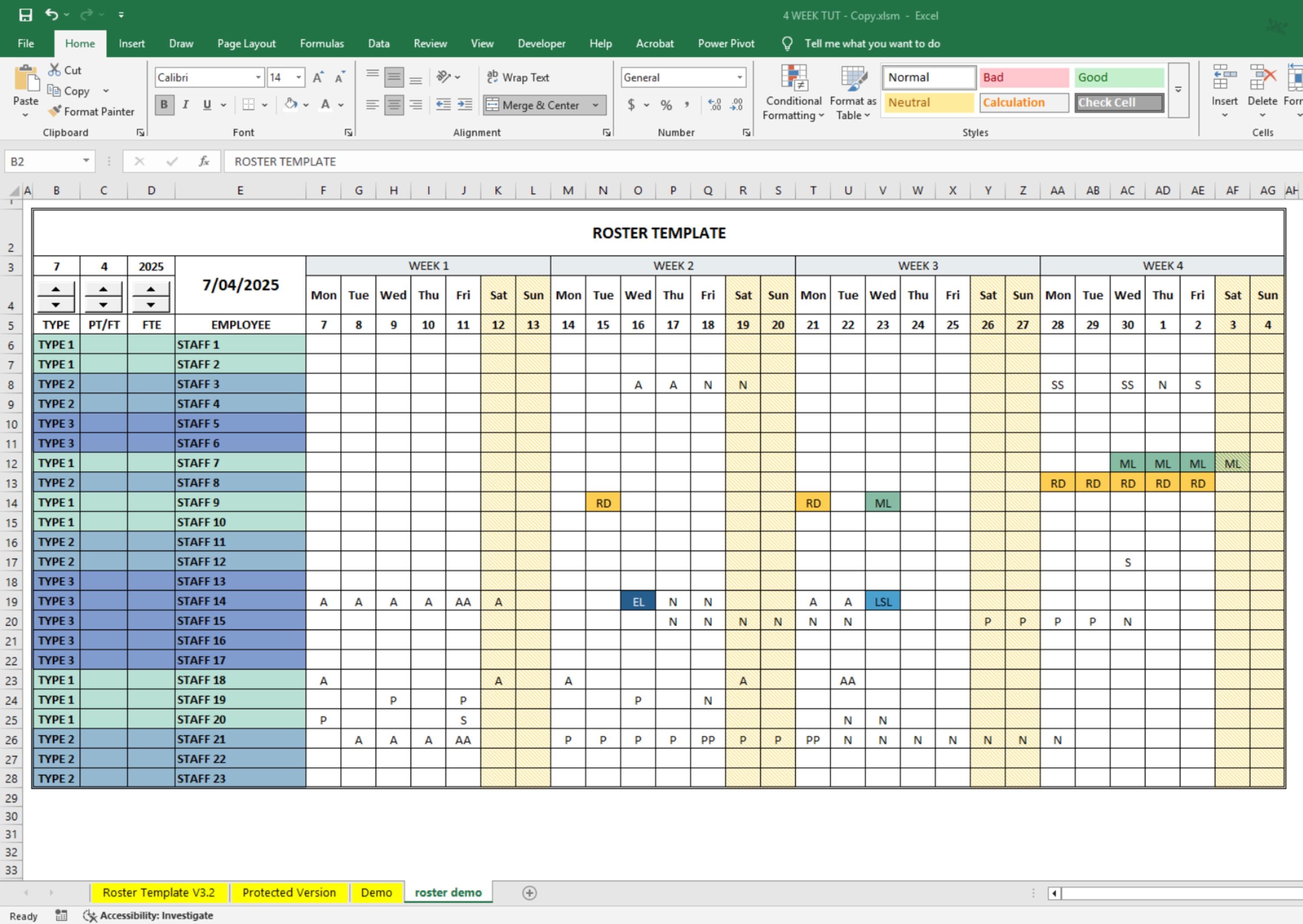 Excel Roster Template Video Tutorial + Practice File | 4‑week Employee ...