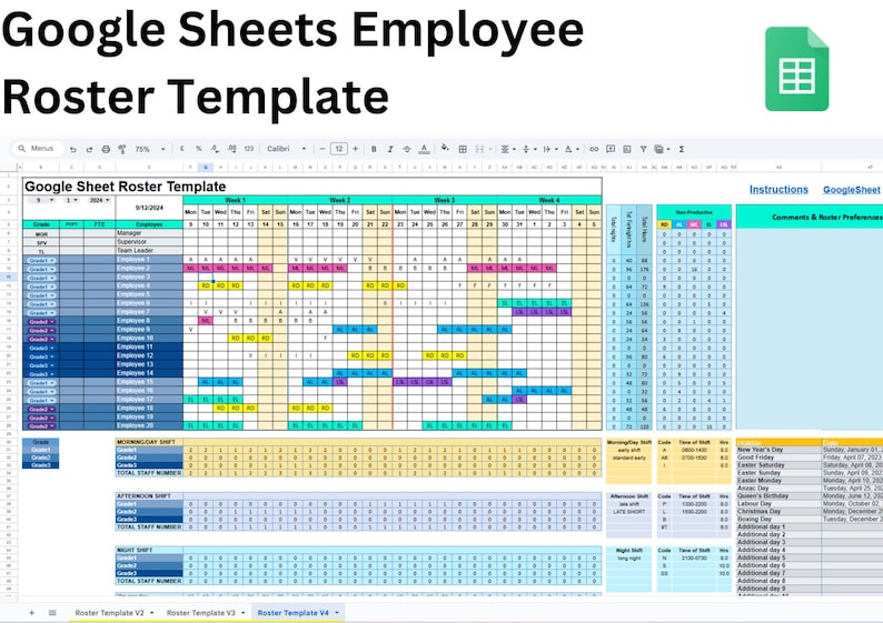 Excel and Google Sheets Employee Roster Template Bundle – 4‑week Shift ...