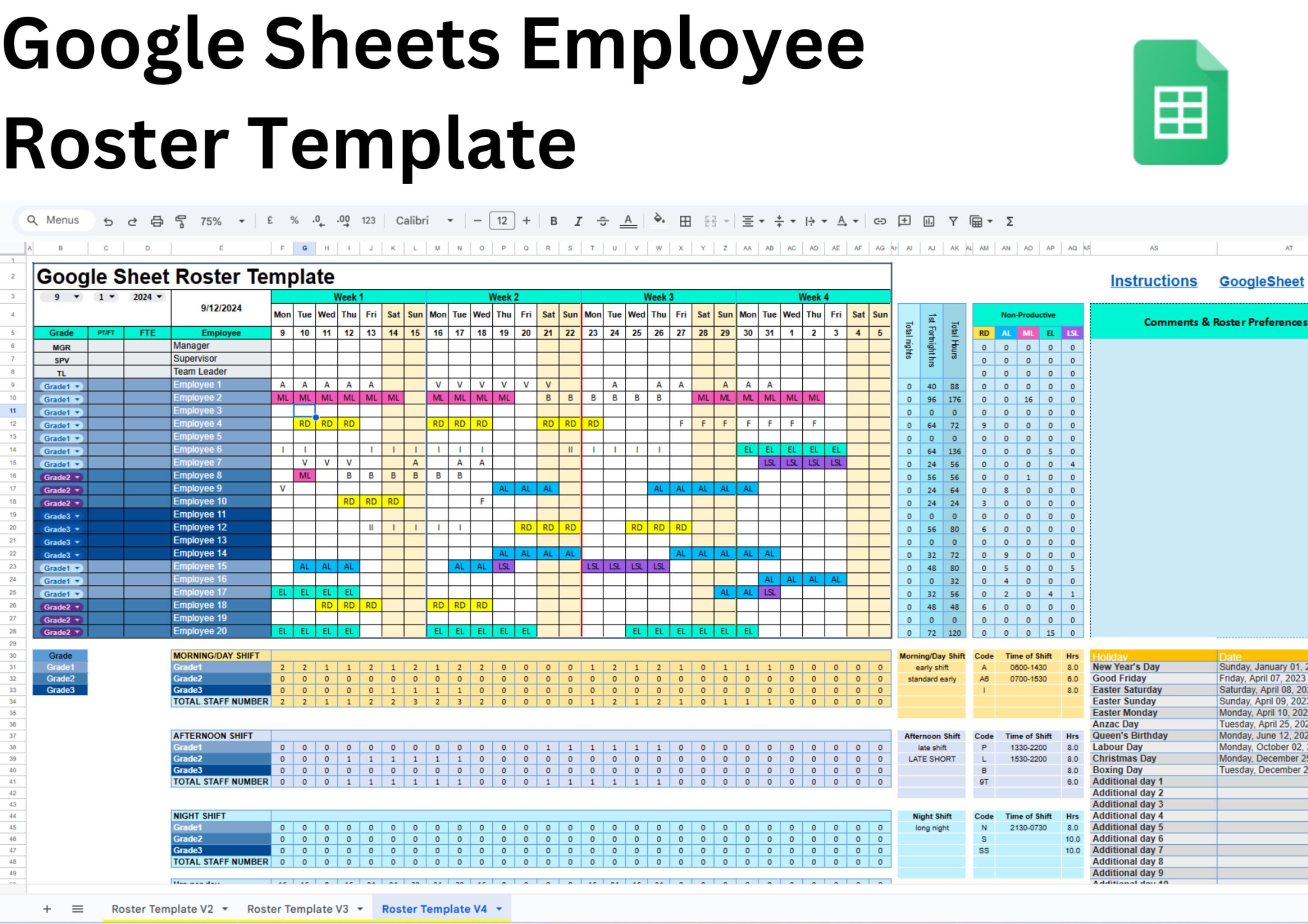 Excel and Google Sheets Employee Roster Template Bundle – 4‑week Shift ...