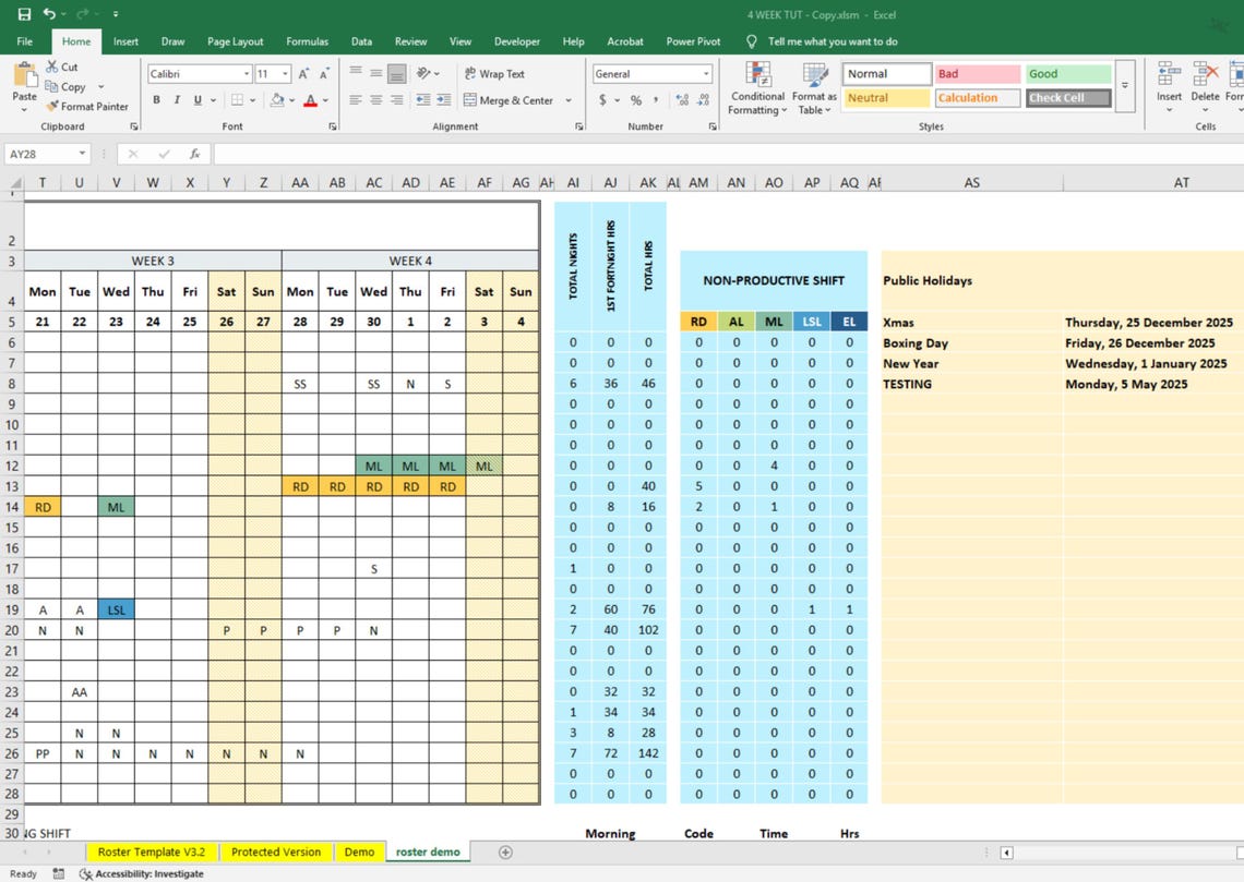Excel Roster Template Video Tutorial + Practice File | 4‑week Employee ...