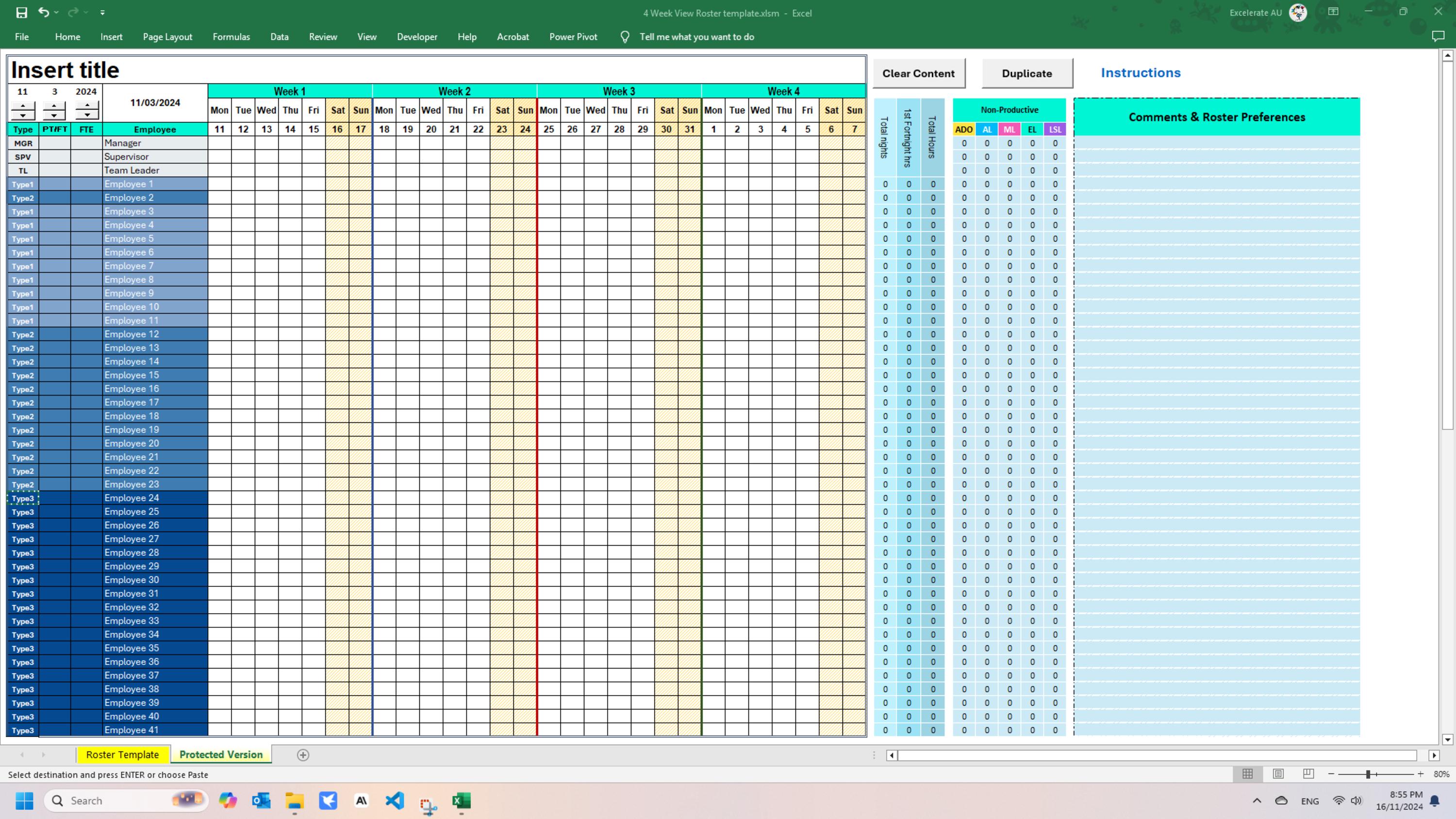 Customizable Excel Employee Roster Template: 4, 6, and 8-week Shift ...