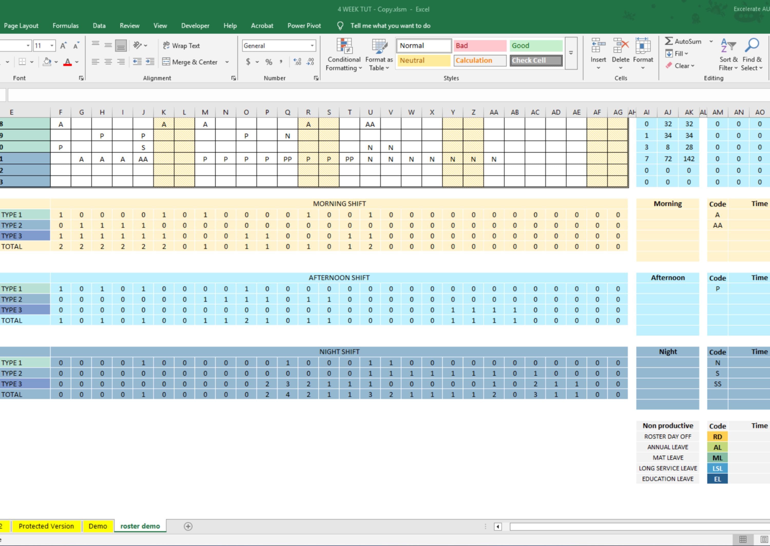 Excel Roster Template Video Tutorial + Practice File | 4-week Shift ...