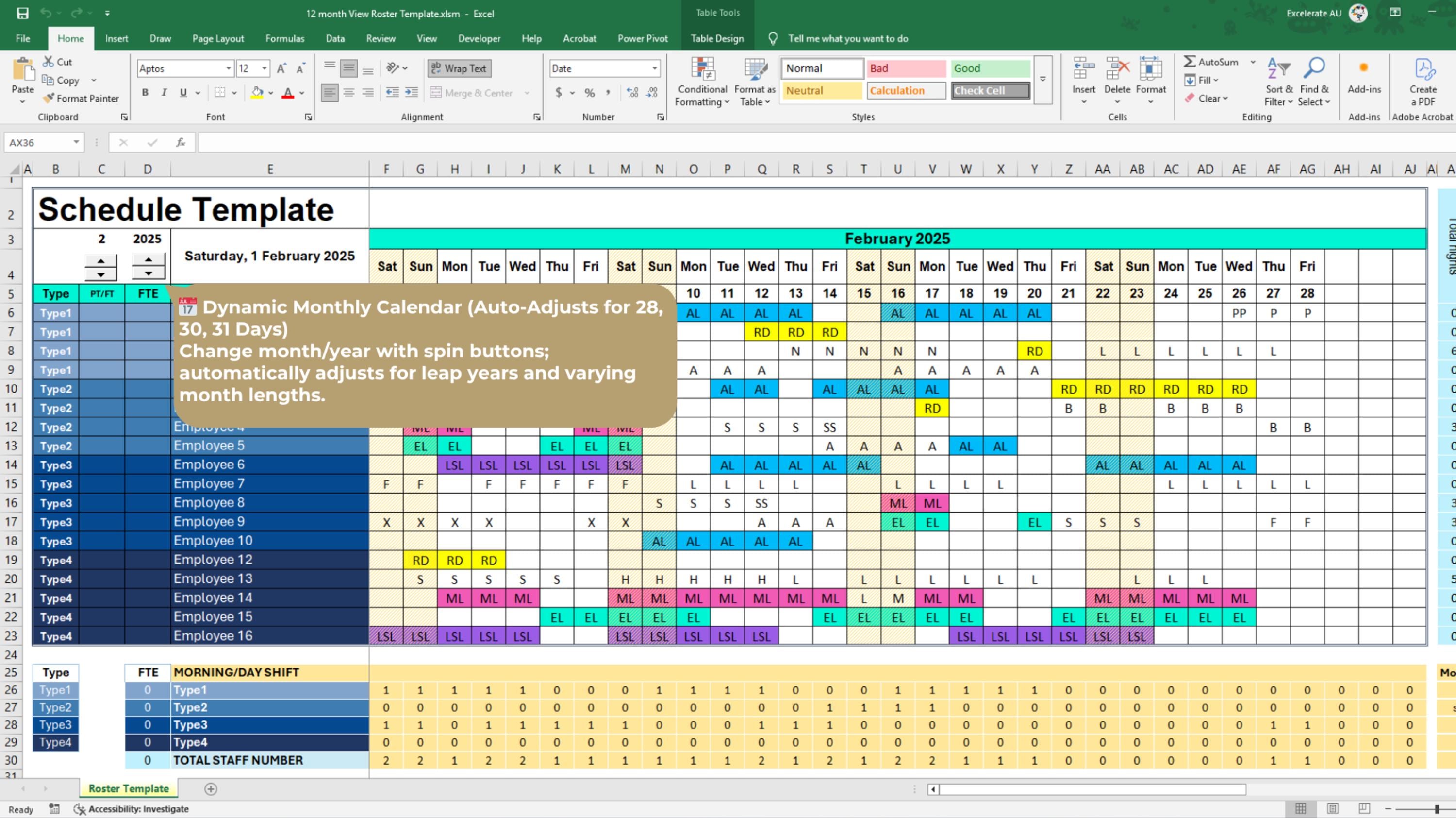 Monthly Employee Schedule Template | Excel Staff Roster, Shift Planner ...