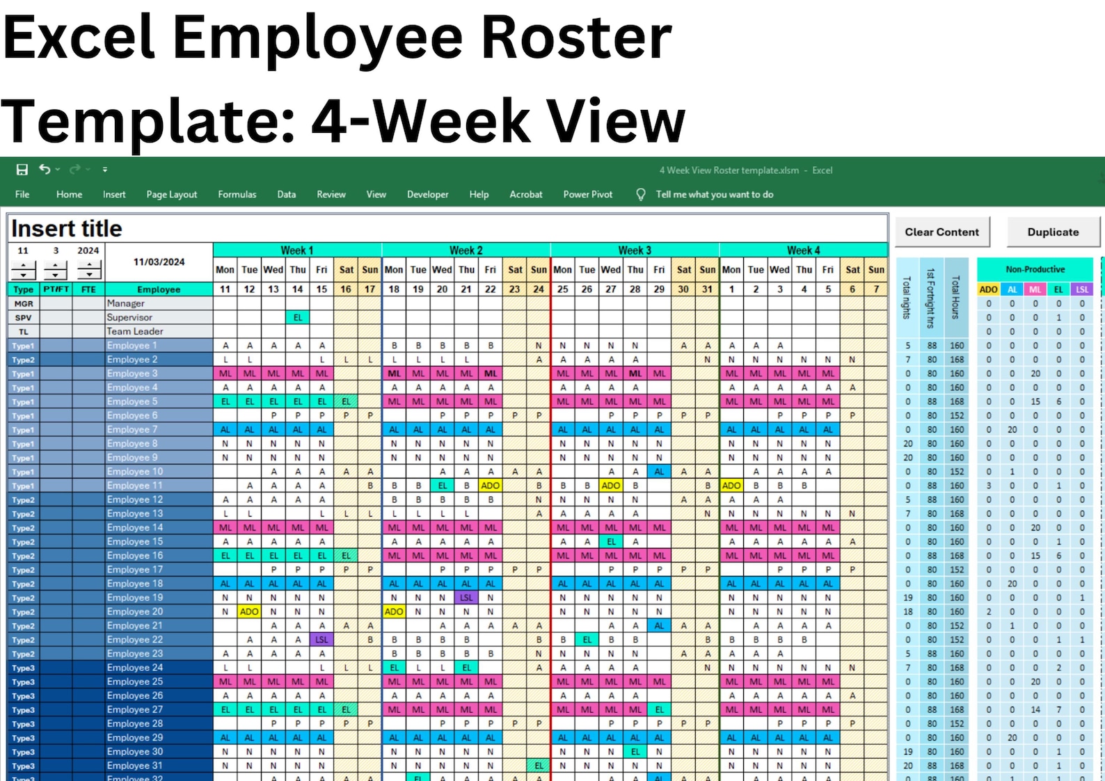 Professional Excel Roster Template: Rotating Shift Planner for Staff ...
