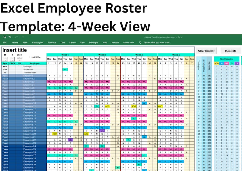 Excel Roster Template | 4-week Rotating Shift Planner | Employee Schedule for Staff Management ...