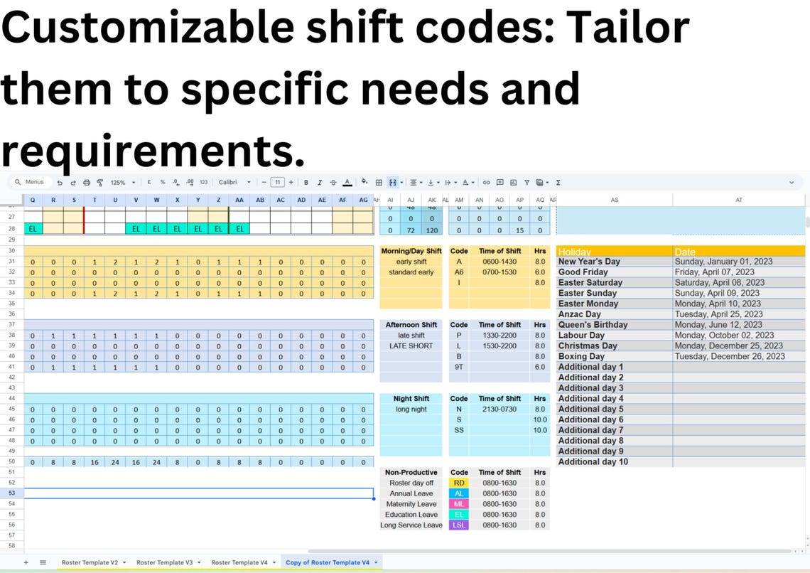 Google Sheets Employee Rostering Template for Customizable Shift Codes ...