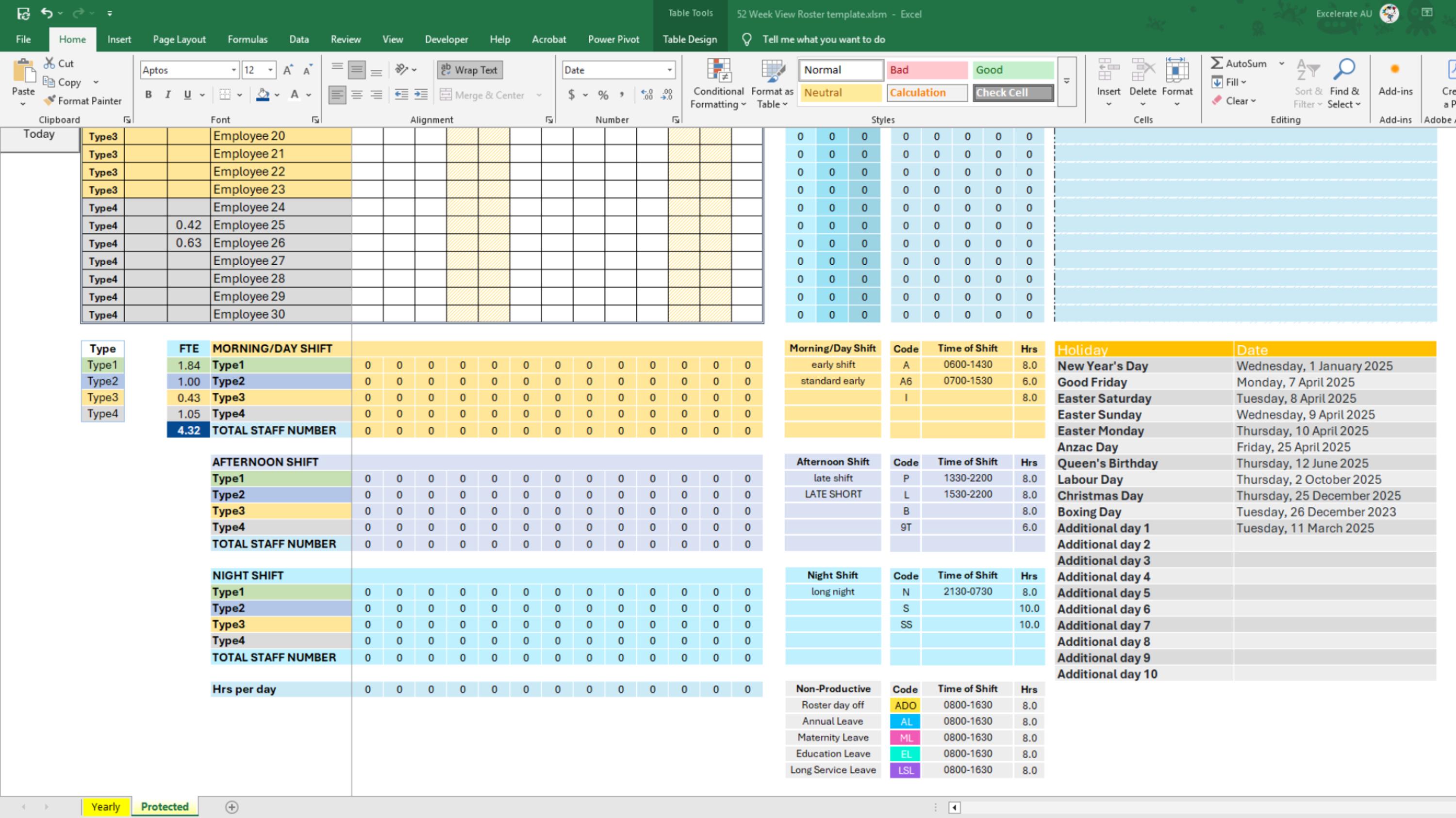 Customizable 52-week Excel Roster Template: Year-at-a-glance Shift ...