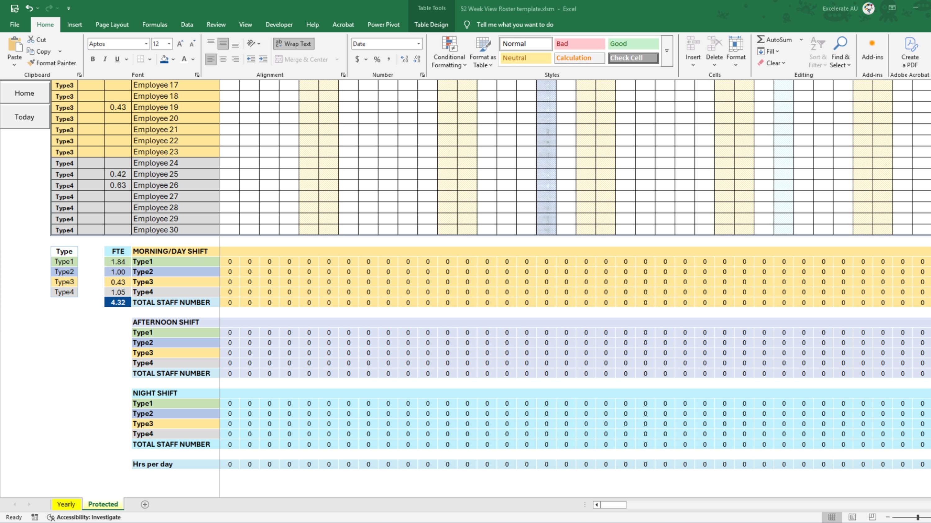 Customizable 52-week Excel Roster Template: Year-at-a-glance Shift ...