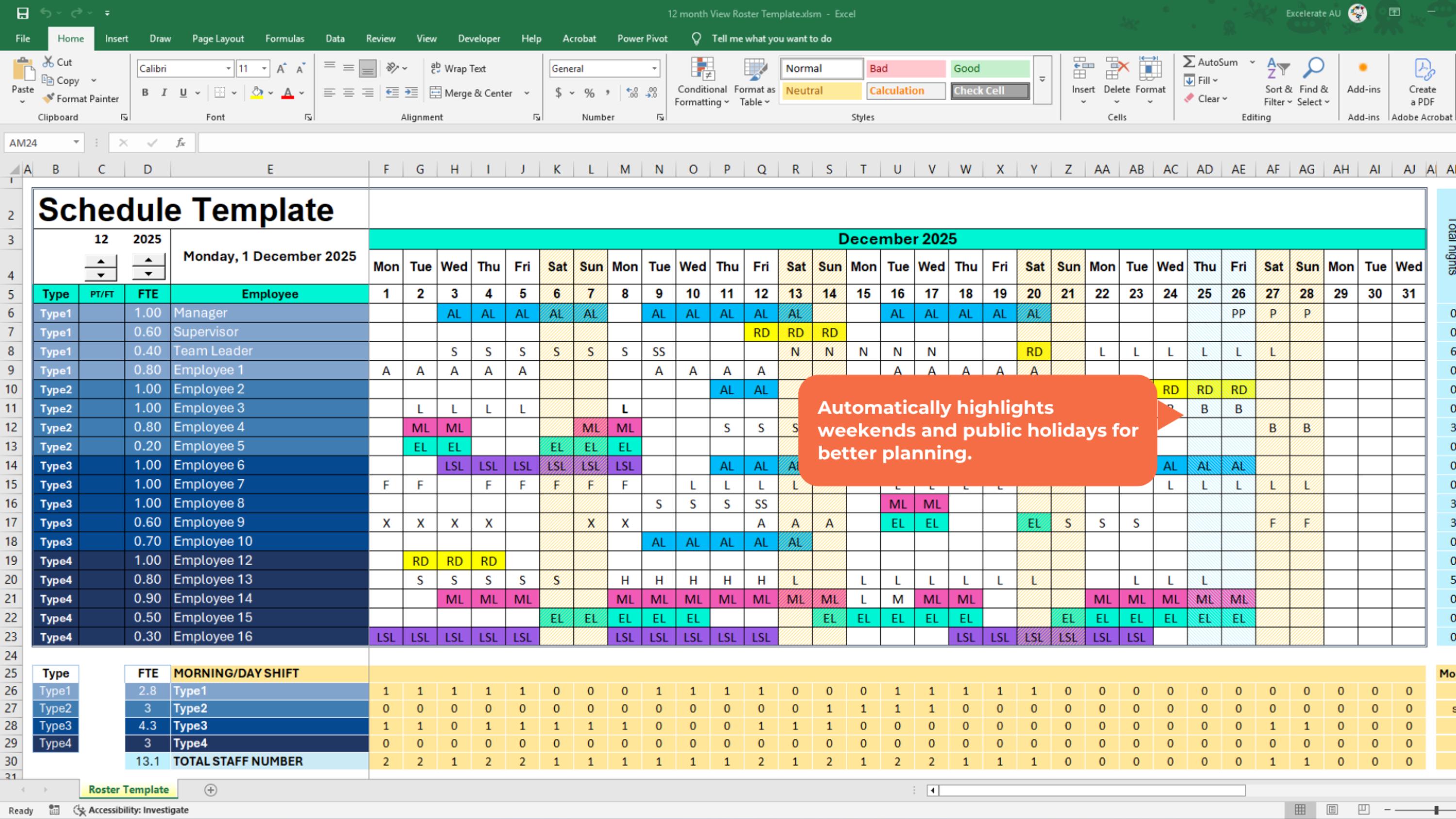 Monthly Employee Schedule Template | Excel Staff Roster & Rota Planner ...