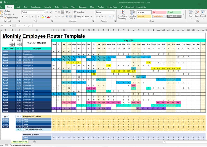 Monthly Employee Schedule Template | Excel Staff Roster & Rota Planner ...