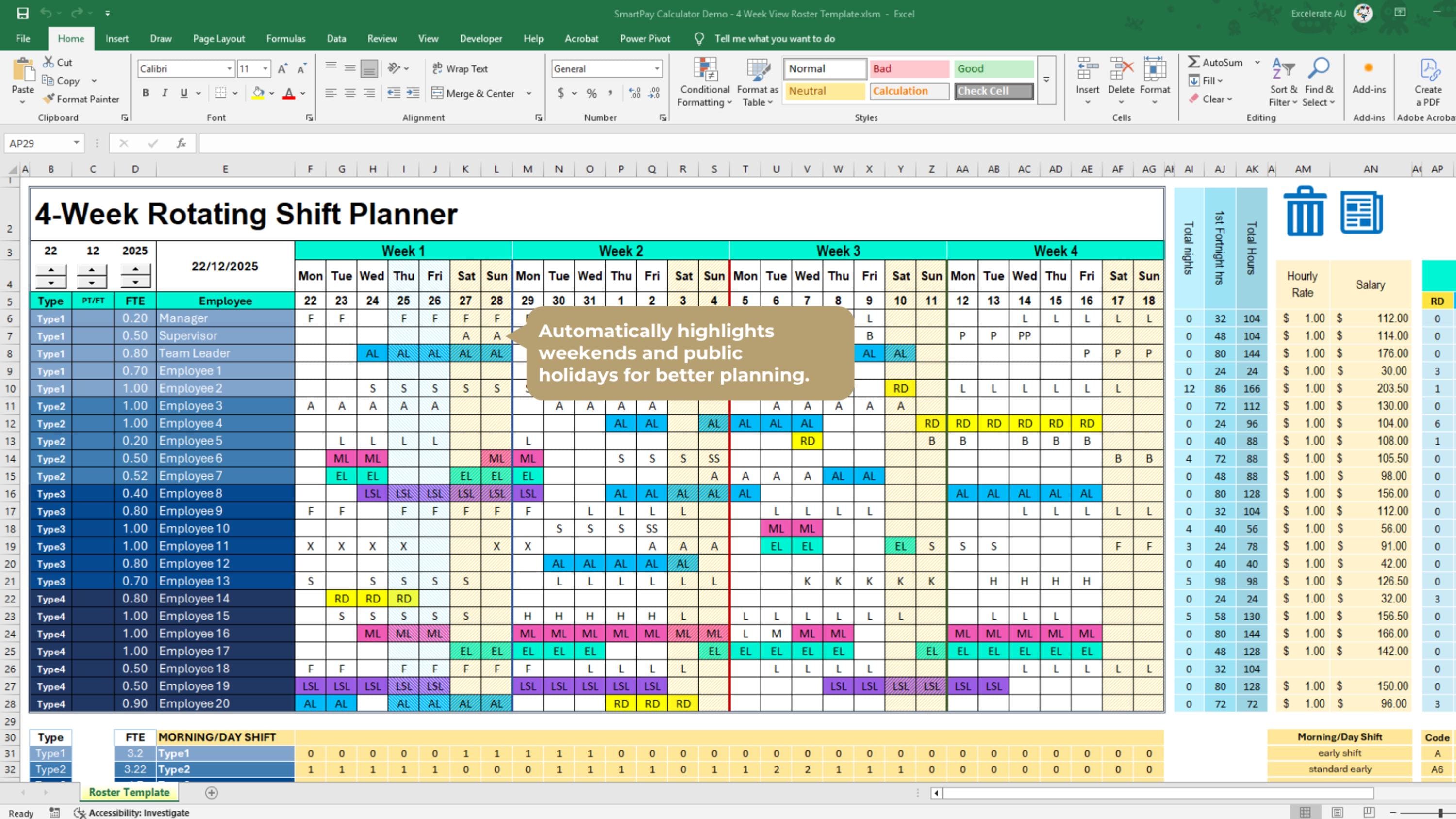 Excel Employee Roster Template: Australian Business Planner (4, 6, 8 ...