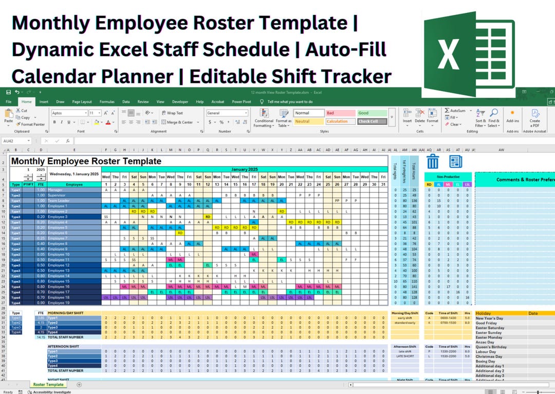 Monthly Employee Schedule Template | Excel Staff Roster & Rota Planner ...
