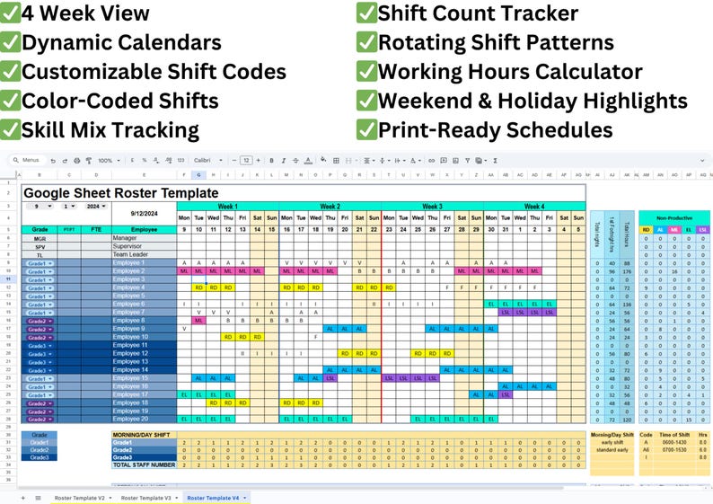 Google Sheets Employee Roster Template – 4‑week Shift Planner & Staff ...