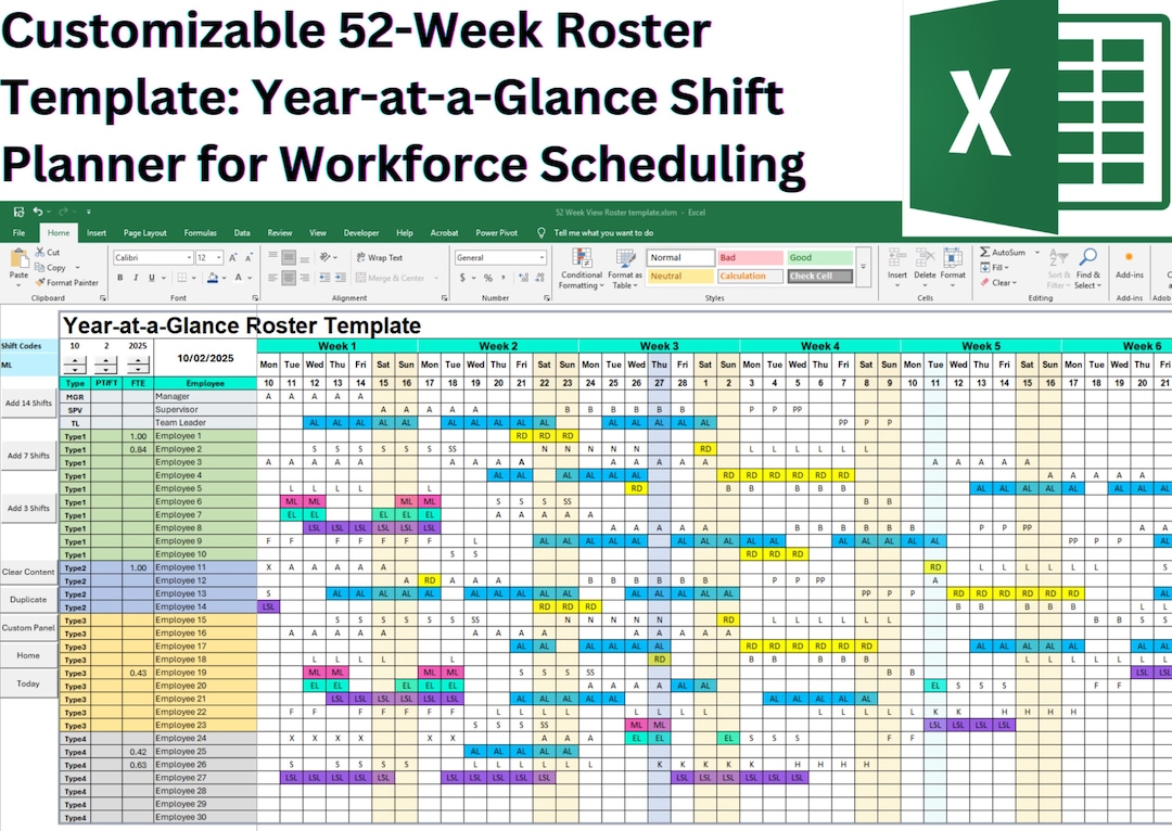 Customizable 52-week Excel Roster Template: Year-at-a-glance Shift ...