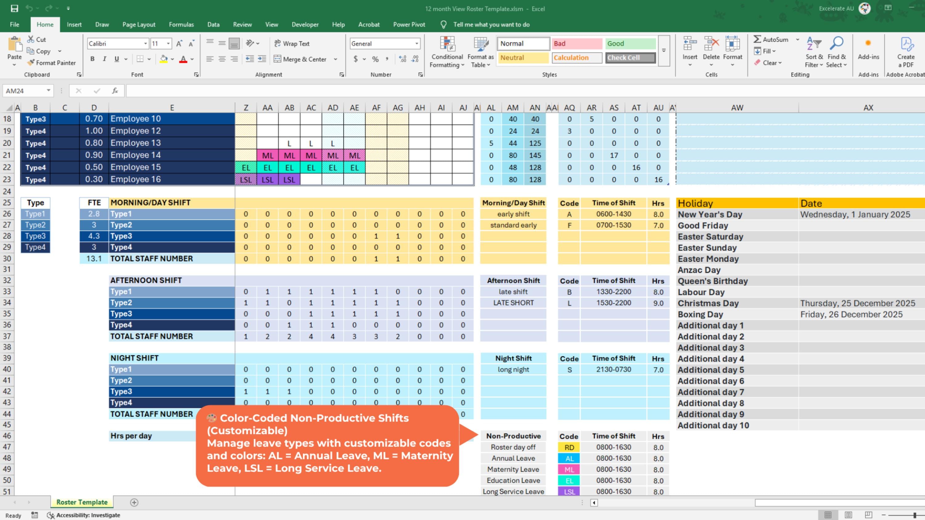 Monthly Employee Schedule Template | Excel Staff Roster & Rota Planner ...